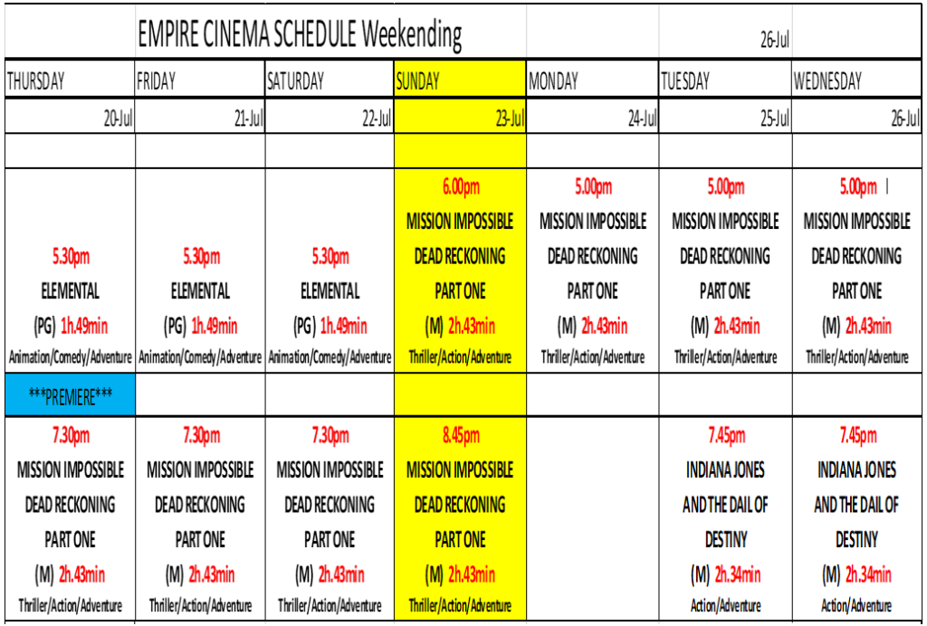 Session Times • Empire Cinema Rarotonga