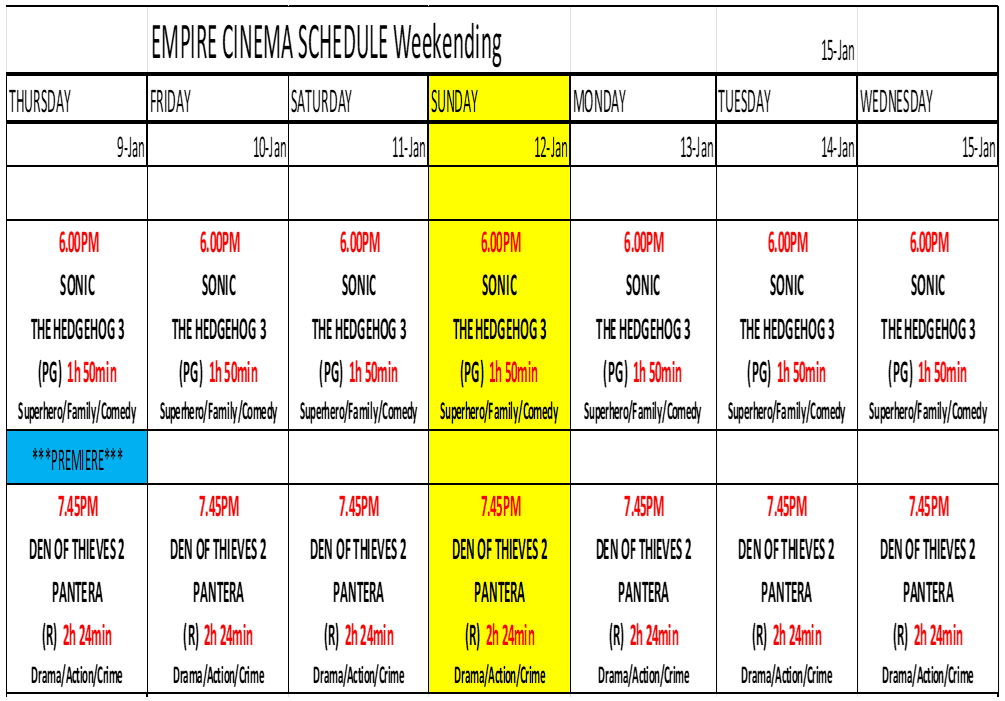 Session Times • Empire Cinema Rarotonga